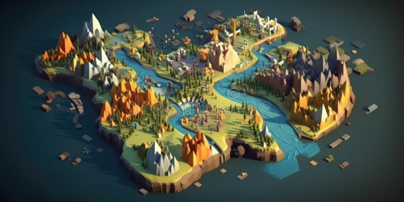 Digital Art of Low-poly 3D Map with a River Winding through Landscapes ...