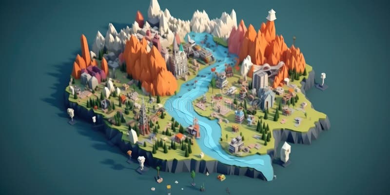 Digital Art of Low-poly 3D Map with a River Winding through Landscapes ...