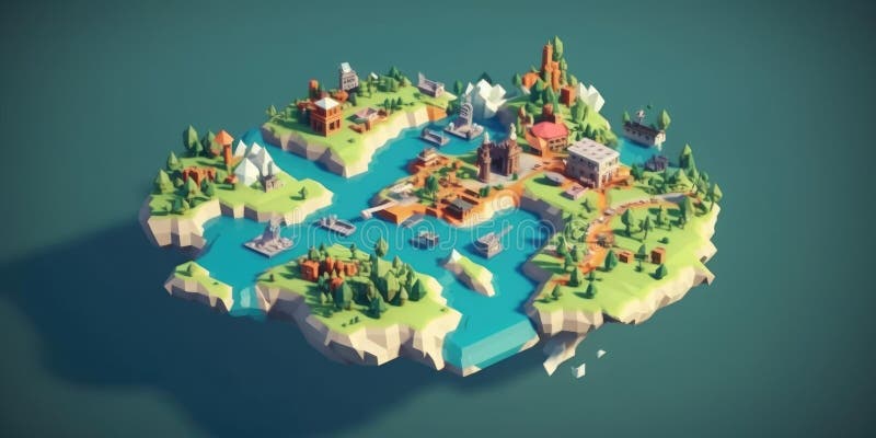 Digital Art of Low-poly 3D Map with a River Winding through Landscapes ...