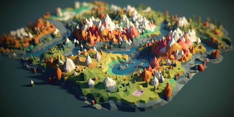 Digital Art of Low-poly 3D Map with a River Winding through Landscapes ...