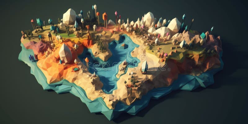 Digital Art of Low-poly 3D Map with a River Winding through Landscapes ...