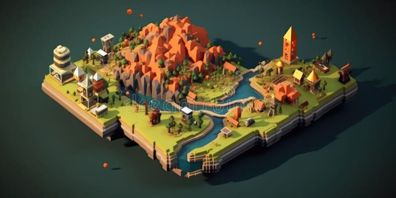 Digital Art of Low-poly 3D Map with a River Winding through Landscapes ...