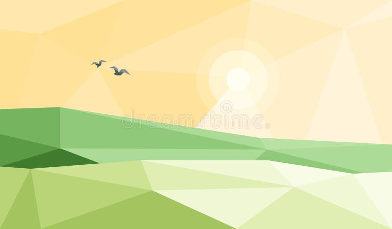 Stylized Low Poly Landscape with Hills, Sun and Birds Stock Vector ...