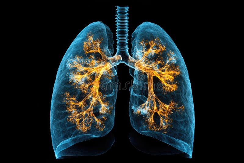 Stylized Lungs Showing Bronchial Tree Glowing Orange on Blue Background ...