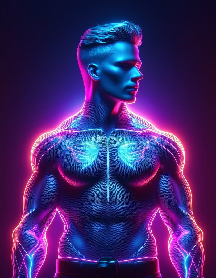 A Stylized Man with a Neon Glow and an Impressive Athletic Build that ...