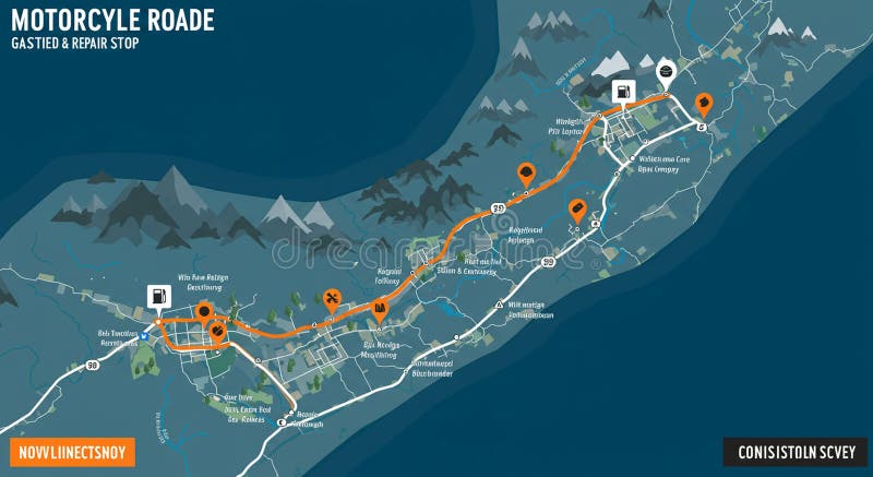 Stylized Map Highlighting a Motorcycle Route with Repair and Gas Stop ...