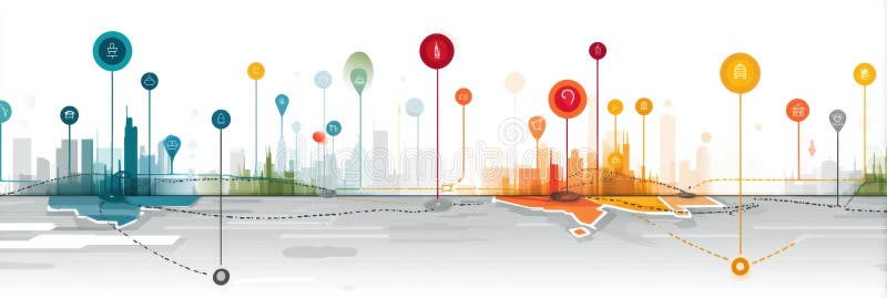 Stylized Map Path Showing Connections between Cities with Pins and ...