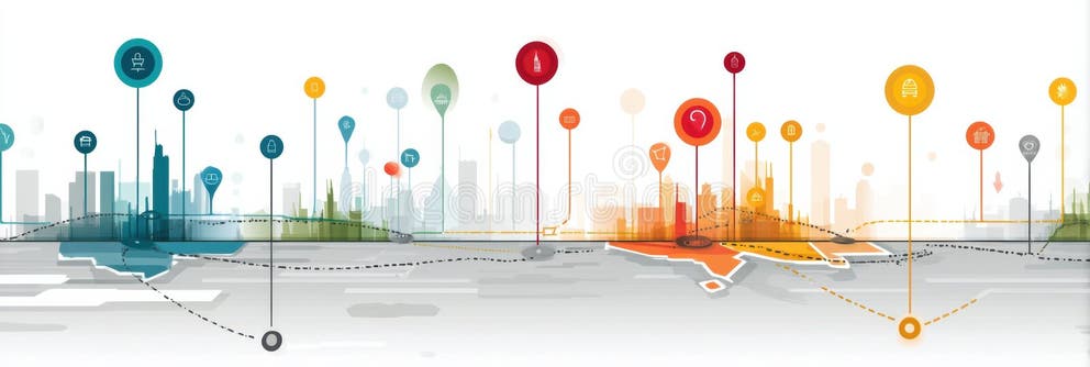 Stylized Map Path Showing Connections between Cities with Pins and ...