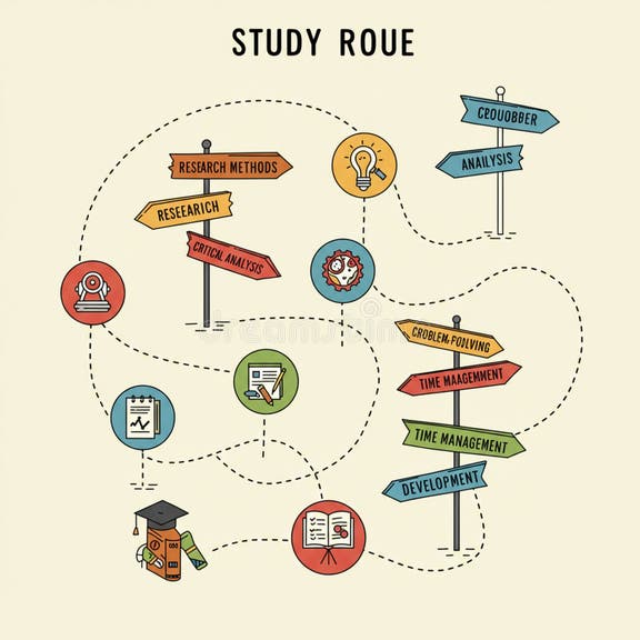 Stylized Map Illustrating a Study Process with Signposts Labeled ...