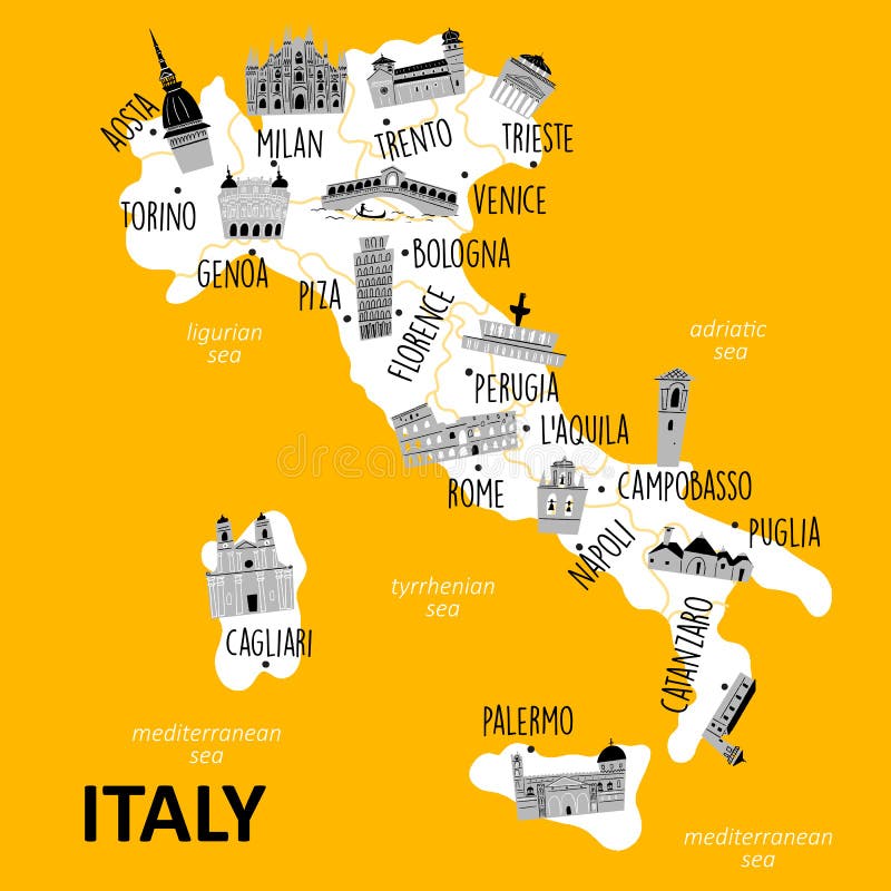 Stylized Map of Italy with Main Attractions and Landmarks. Vector ...
