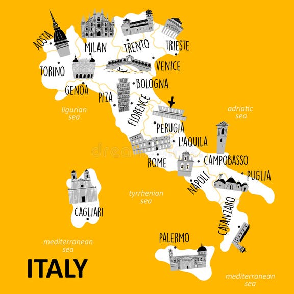 Stylized Map of Italy with Main Attractions and Landmarks. Vector ...