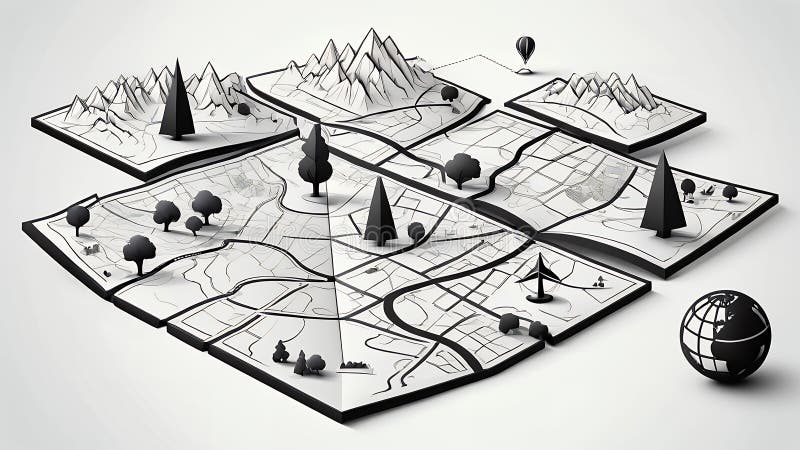 A Stylized Map Layout with Mountains Trees Roads and a Globe on a White ...