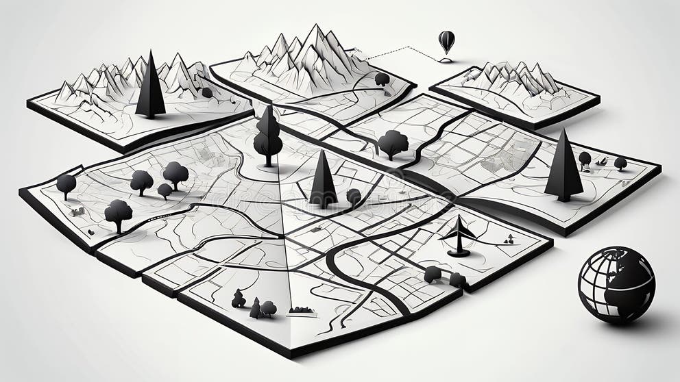 A Stylized Map Layout with Mountains Trees Roads and a Globe on a White ...