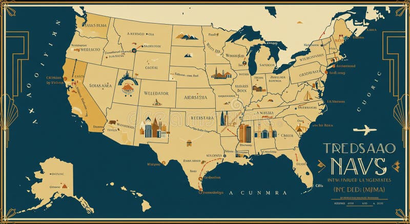 Stylized Map of the United States with an Art Deco Influence. Each ...