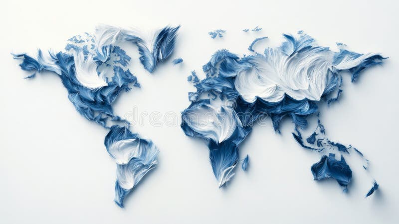 Stylized Map of the World in Blue and White Feathers, Abstract Art ...