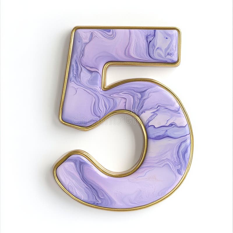 A Stylized, Marbled Lavender Number Five with a Gold Outline Stock ...