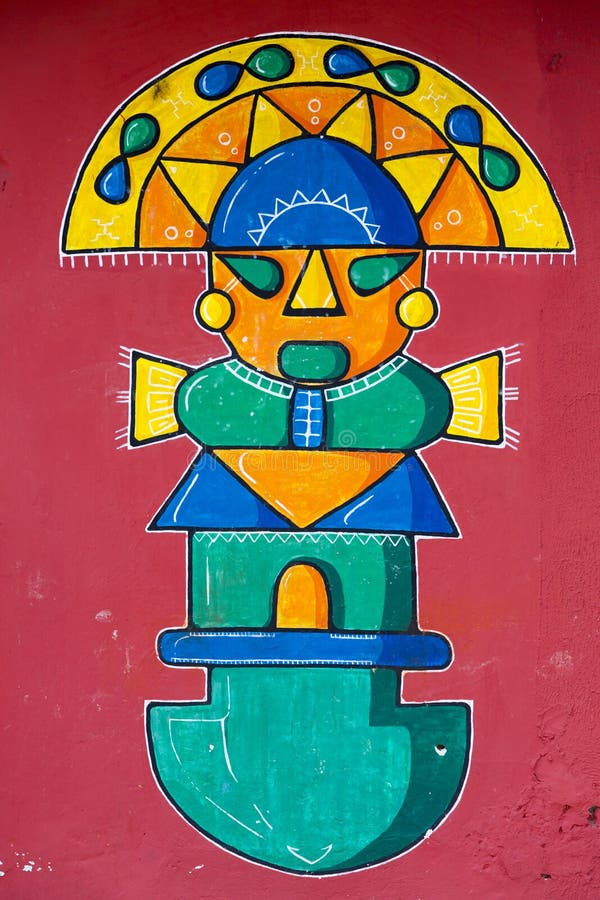 Stylized Maya Graffiti on Red Wall in Banos, Ecuador Editorial Image ...