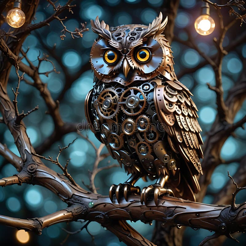 Stylized Metal Owl Made from Gears and Mechanical Elements, Perched on ...