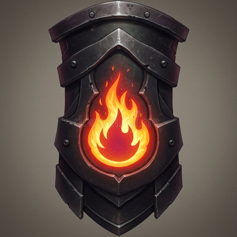 A Stylized, Metallic Shield with a Central Flaming Emblem. the Shield ...