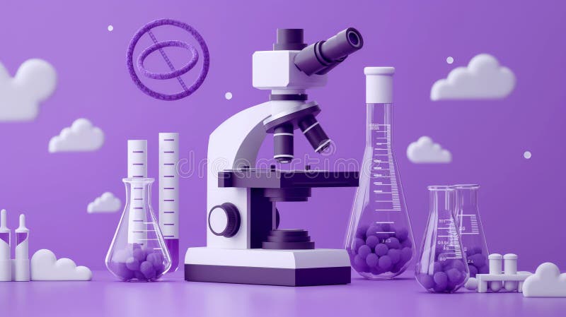 Stylized Microscope and Scientific Glassware in Purple Tones Stock ...
