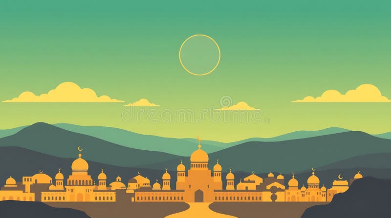 Stylized Middle Eastern Cityscape with Mosques and Mountain Backdrop ...