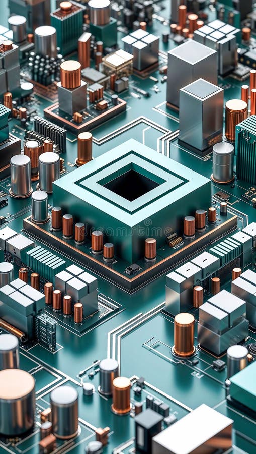 Stylized Miniature Cityscape Artwork Resembling a Computer Motherboard ...