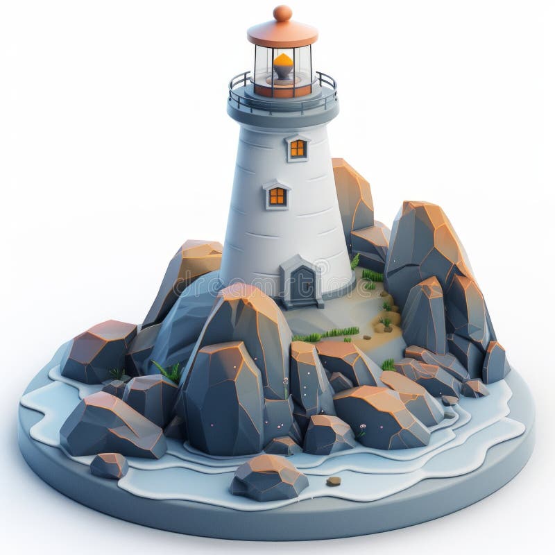 Stylized Miniature Lighthouse on Rocky Island with Ocean Surrounding ...