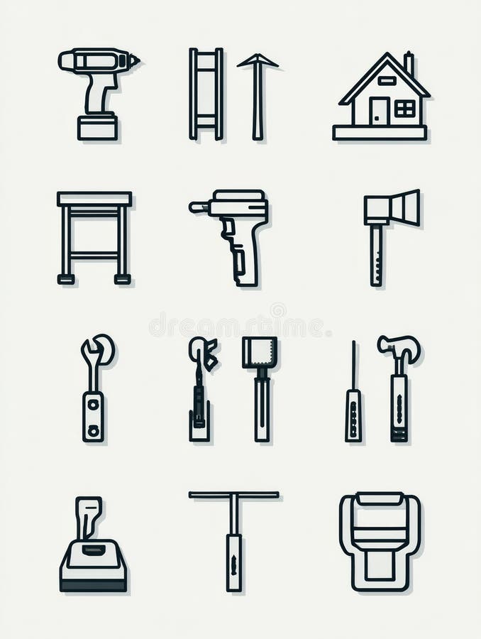 Stylized Minimalist Icon Set Showcasing Various Construction Tools in a ...