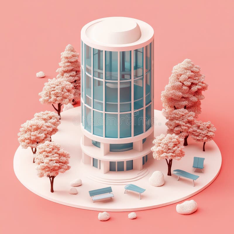 A Stylized Modern Building Surrounded by Trees and Benches on a Pink ...