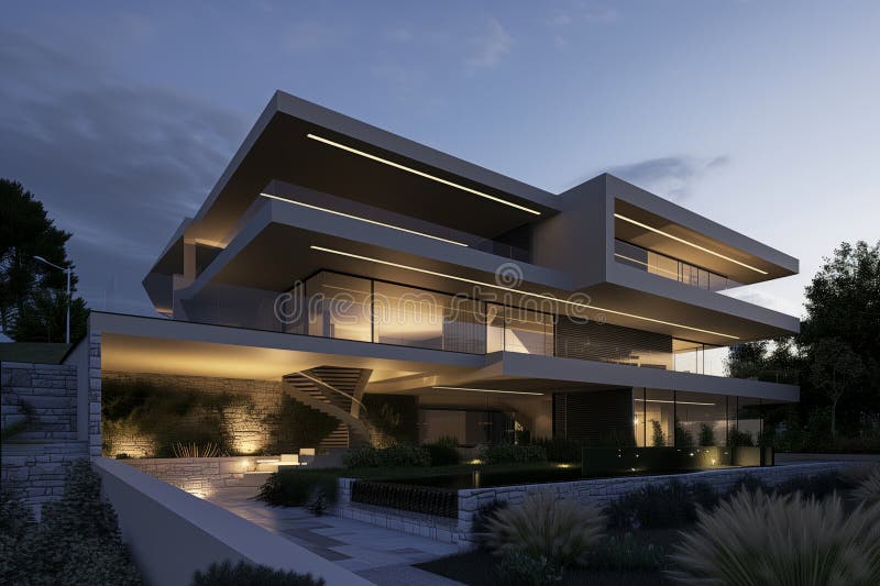 Stylized Modern Villa with Indirect Lighting and Sharp Angles Stock ...
