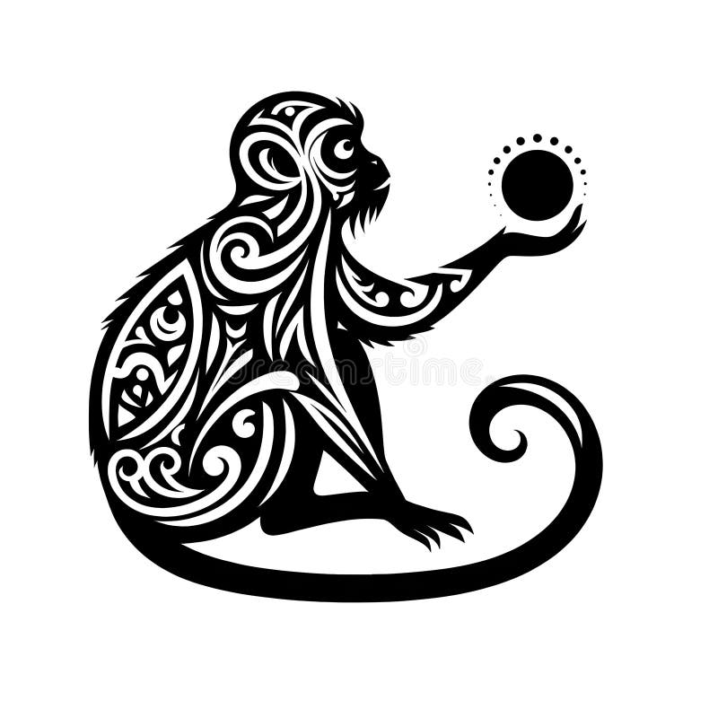 Stylized Monkey Silhouette Features Intricate Tribal Patterns in Black ...