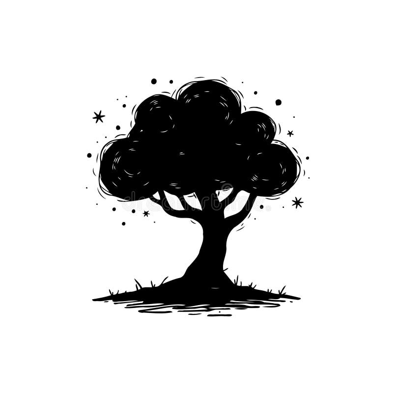 Stylized Monochrome Tree Illustration Presenting a Hand-drawn Quality ...