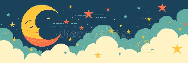 Stylized Moon with Sleeping Face and Twinkling Stars in Pixel Art ...