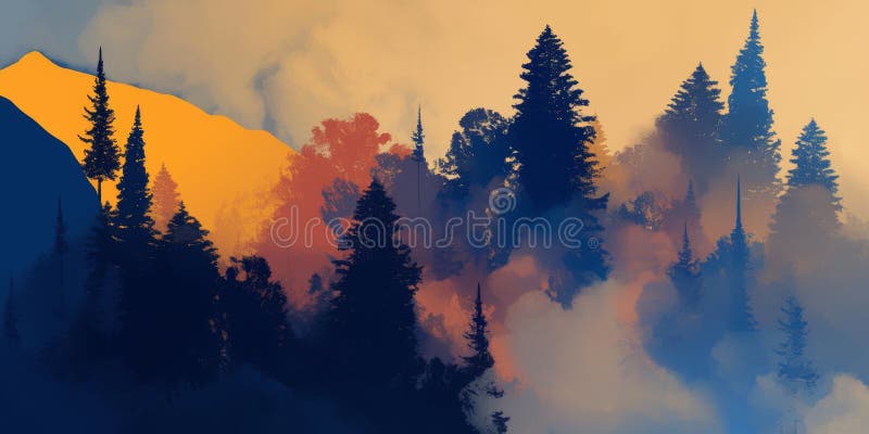 Stylized Mountain Forest Landscape with Colorful Trees and Misty ...