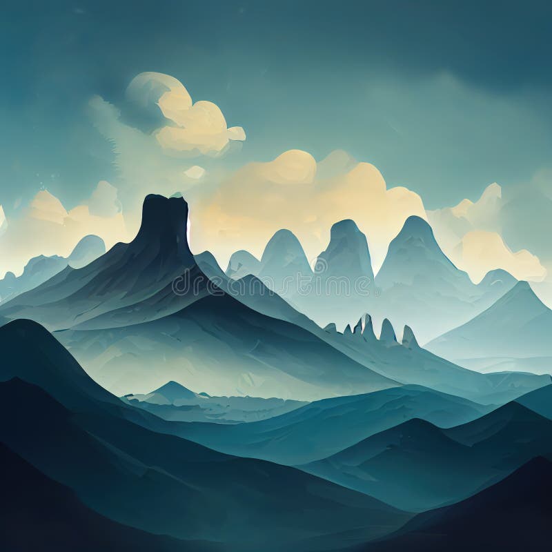 Monochrome Stylized Mountain Illustrated Landscape. Digital ...