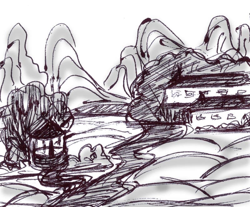 Stylized Mountain Landscape, Black and White Graphic Drawing Stock ...