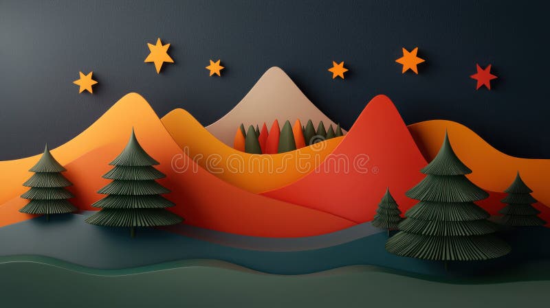 Stylized Mountain Landscape with Colorful Trees and Stars at Night ...