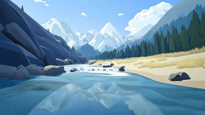 A Stylized Mountain Landscape with a Flowing River and Lush Forest ...
