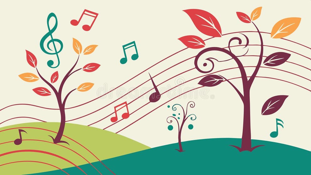 Stylized Musical Tree with Notes and Abstract Background Vector Design ...