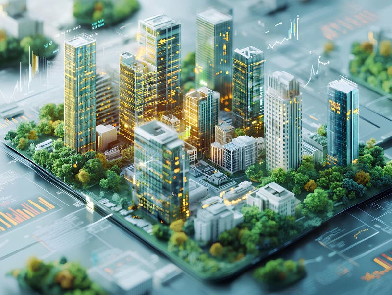 Stylized Night Cityscape Model with Green Spaces and Data Stock ...