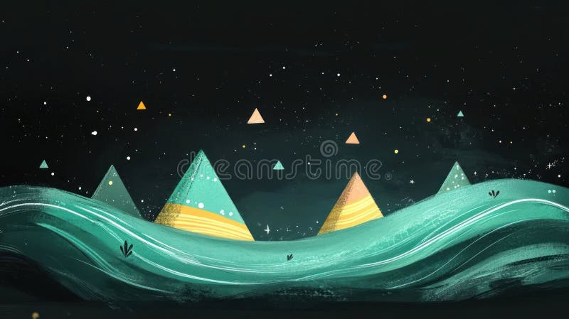 A Stylized Night Landscape Featuring Pyramids and Waves Under a Starry ...