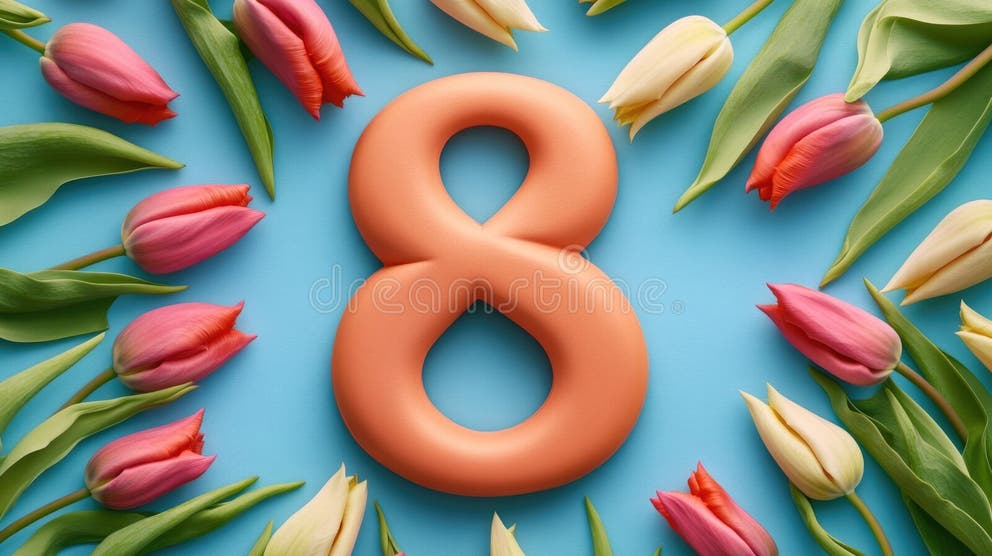 A Stylized Number Eight Surrounded by Tulips on a Blue Background Stock ...