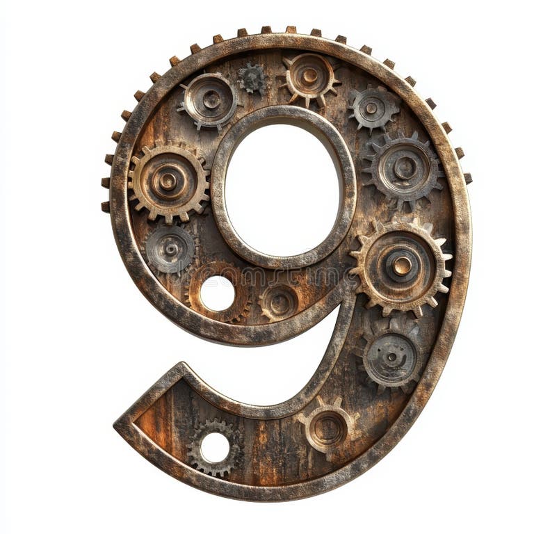 A Stylized Number 9 Featuring Gears and a Rustic Texture, Suggesting an ...
