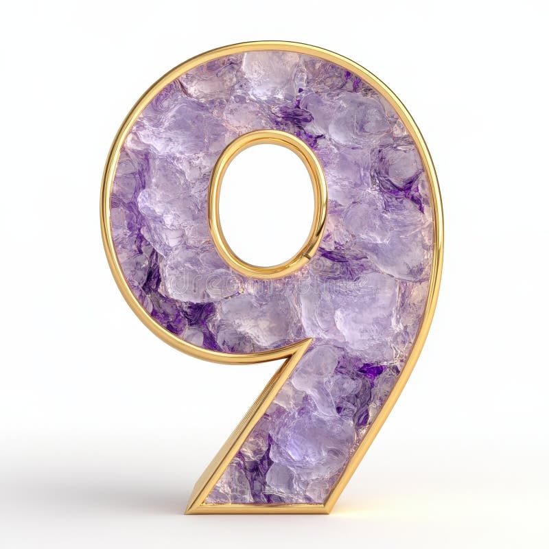 A Stylized Number 9 Made of Amethyst Crystal with a Gold Outline Stock ...