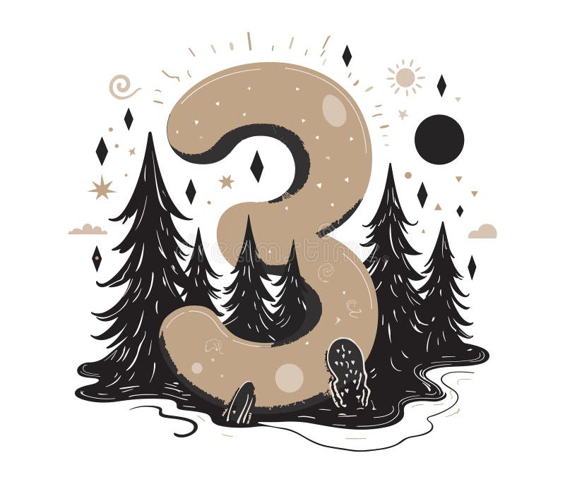 Stylized Number "3" Surrounded by Pine Trees and Mystical Elements ...