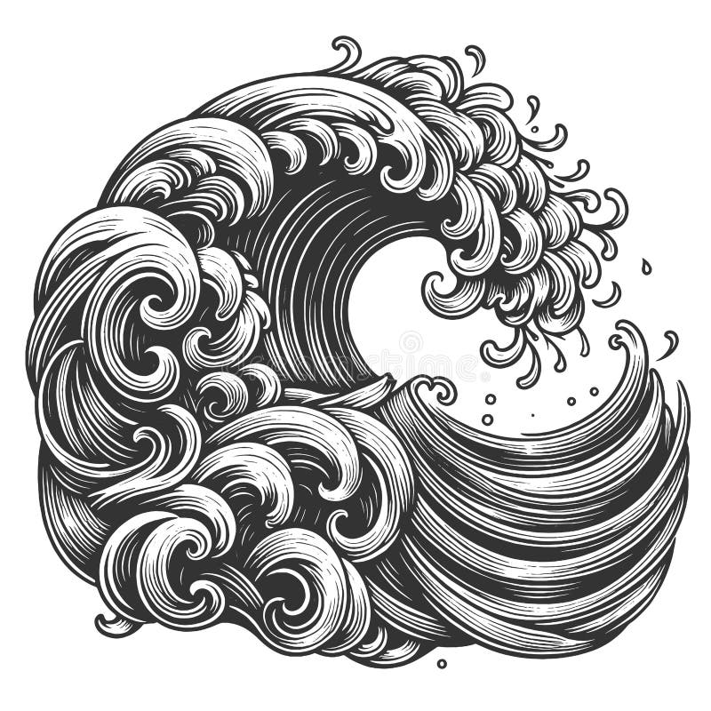 Stylized Ocean Wave Engraving Vector Illustration Stock Vector ...