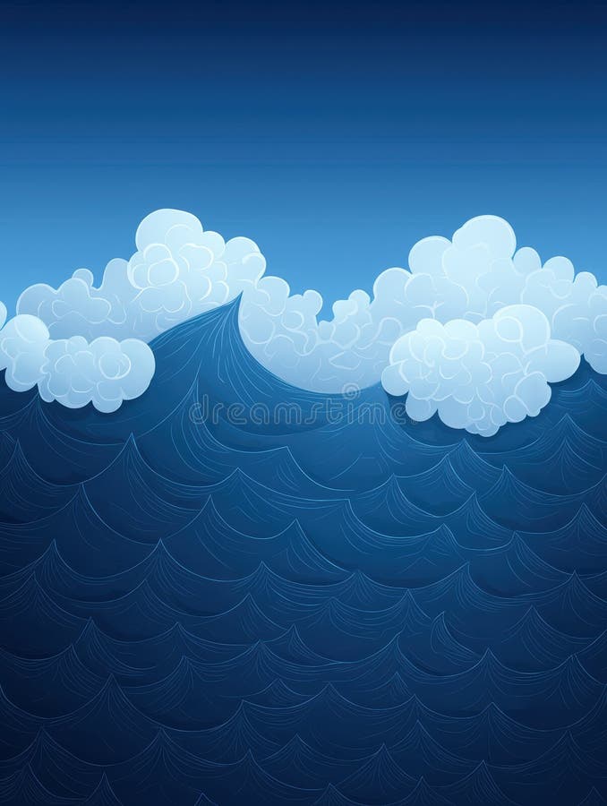 Stylized Ocean Wave Illustration with Clouds. Stock Illustration ...