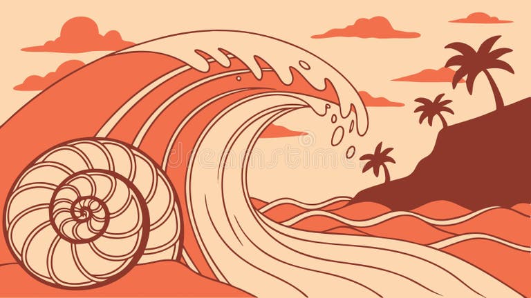Stylized Ocean Wave with a Large Nautilus Shell, Vector Design ...