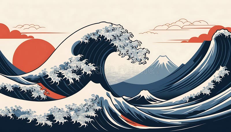 Stylized Ocean Wave with Mountain and Rising Sun Minimalist Design ...