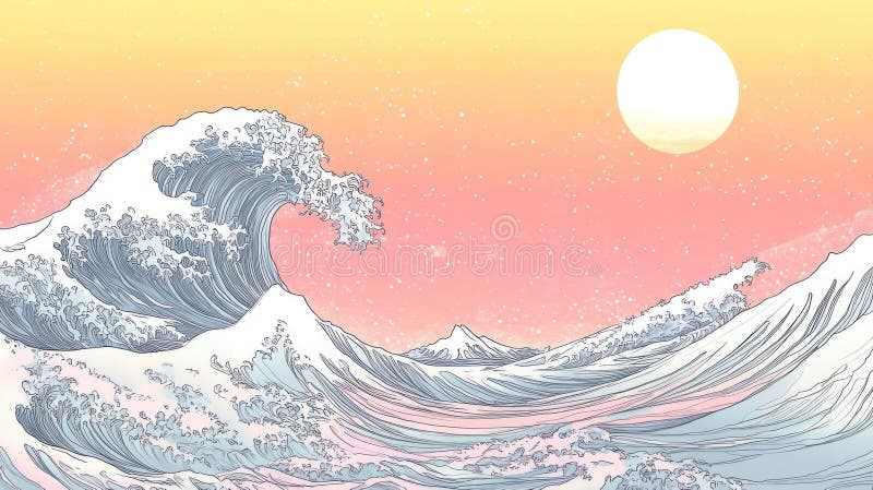 A Stylized Ocean Wave Under a Pastel Sky with a Rising Sun Stock ...